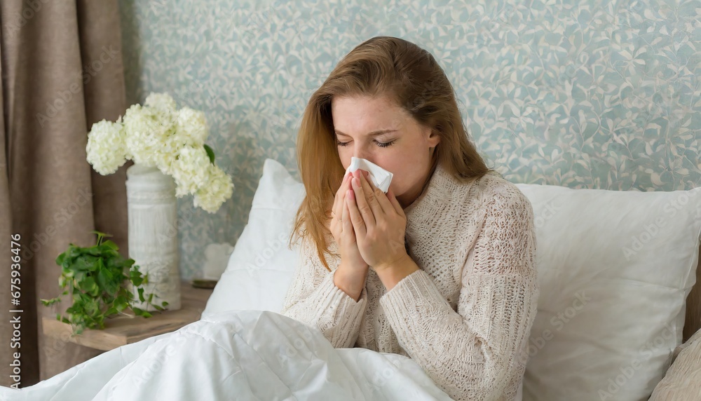 a beautiful sick woman blowing her nose and coughing. ill with cold and ...