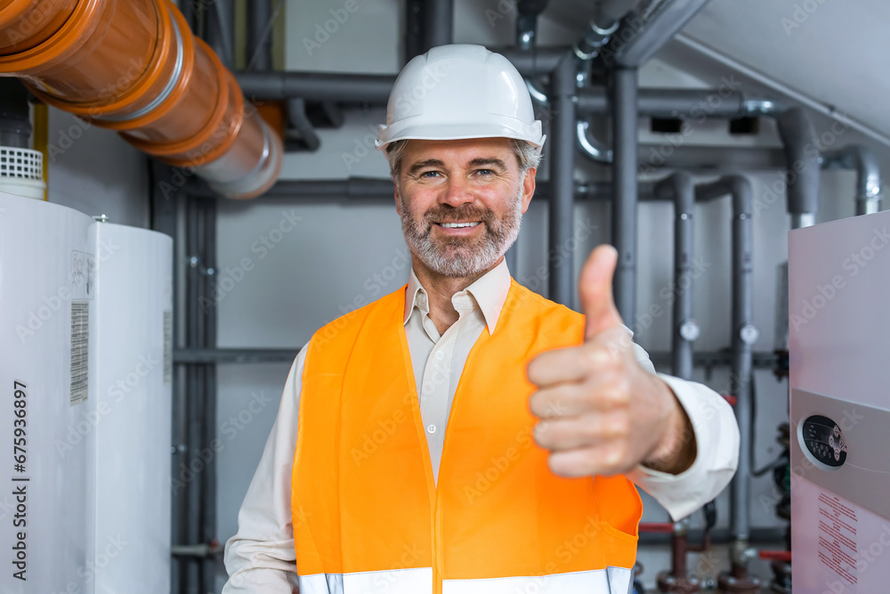 Caucasian engineer handsome man or architect looking camera with safety ...