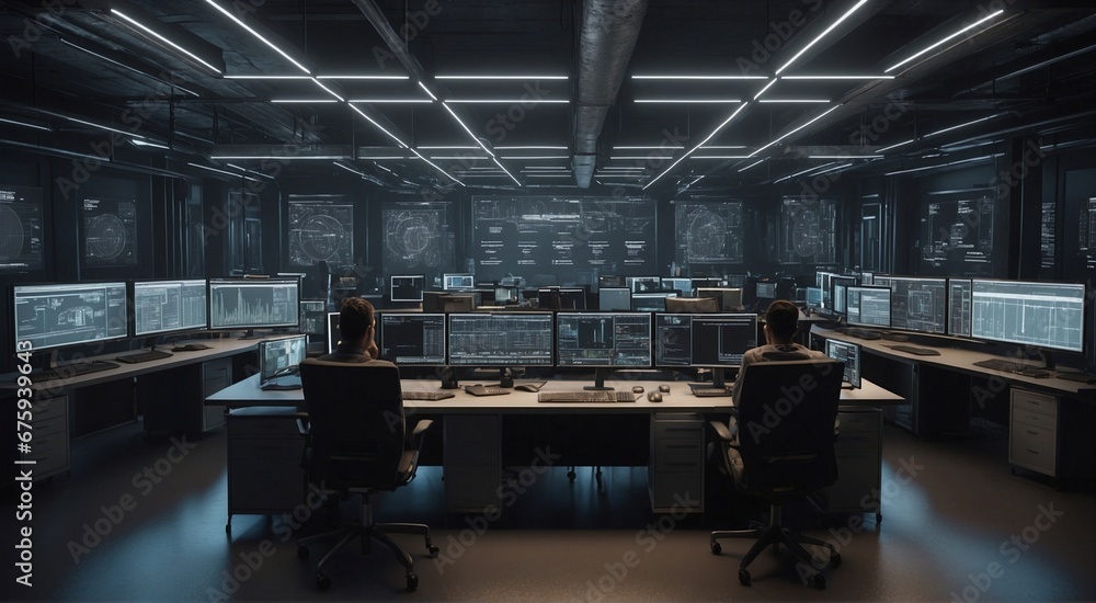 Professional Programmer Surrounded by Large Screens Displaying ...