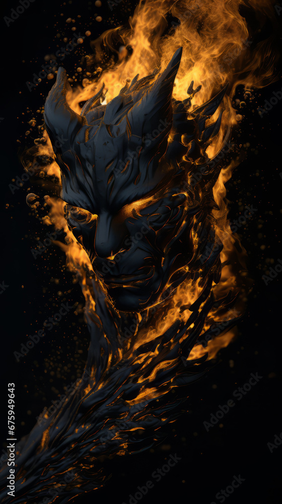 Angry screaming devil surrounded by dust and flames. horror black and ...