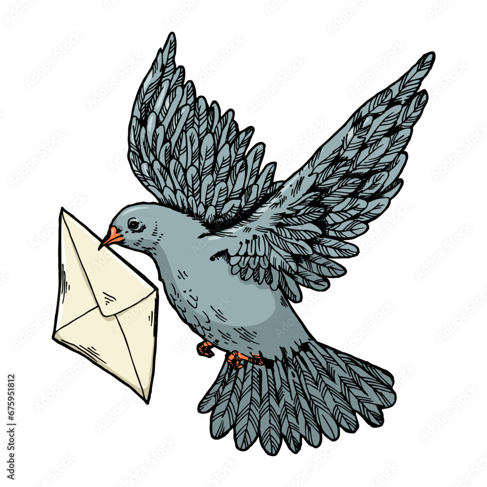Postal dove pigeon bird with letter engraving sketch style hand drawn ...