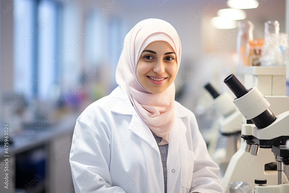 portrait of a female scientist looking at the camera in a laboratory ...