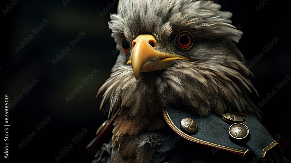Cute bird in a military uniform on black background Stock Illustration ...