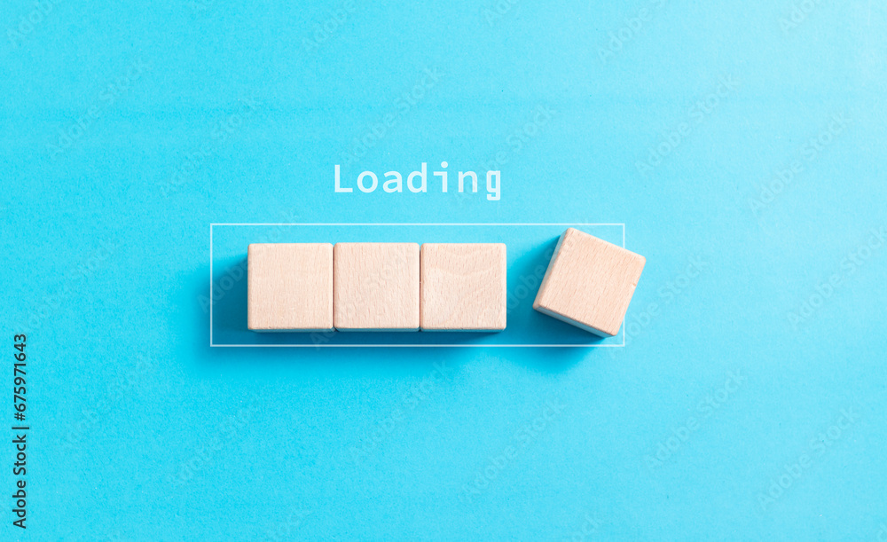Loading, wood block in progress bar on blue background for download ...