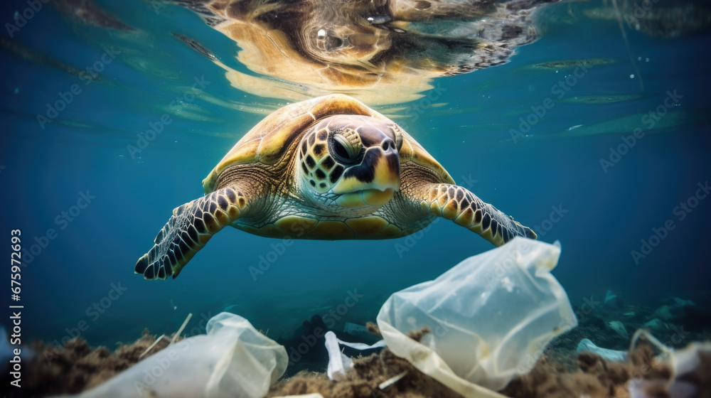 sea turtle in a dirty ocean, garbage, plastic bottles, water pollution ...