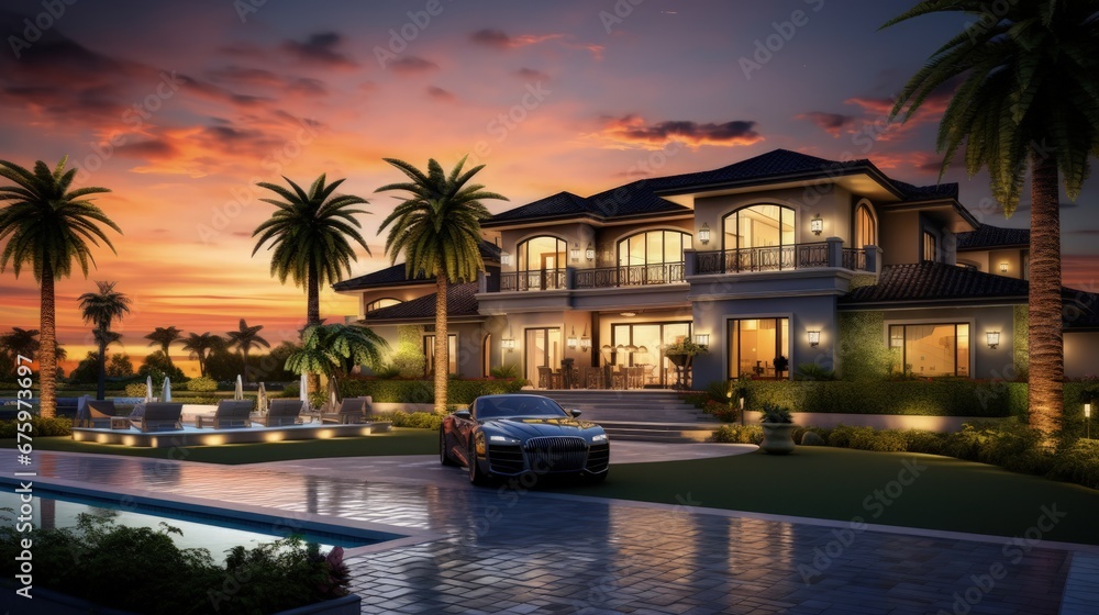 luxury home exterior: mansion with green yard and three car garage with ...