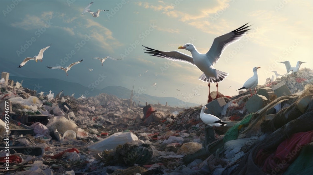 Birds gulls fly over a landfill in Europe, like over a huge sea of ...