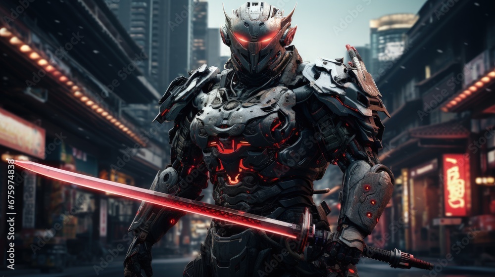 Foto de Cyborg samurai warrior - 3D illustration of science fiction ...