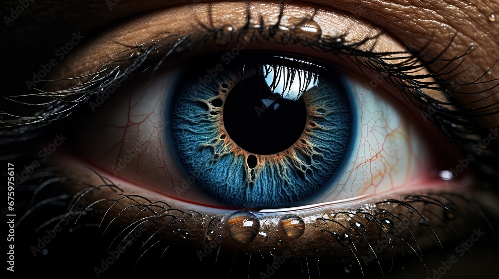 Distress and suffering with a human eye crying a single tear drop with ...