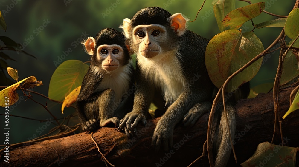 Fruit feeding family. Campbell's mona monkey or Campbell's guenon ...