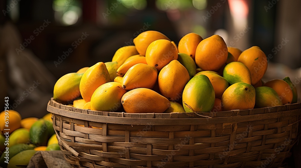 Close up of Mangoes in the basket. Indian ripe mangoes are being sold ...