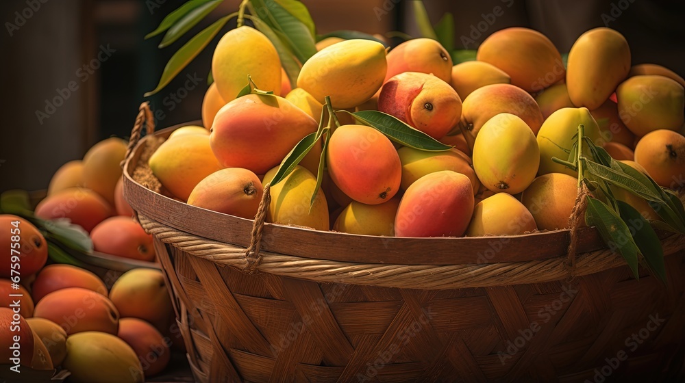 Close up of Mangoes in the basket. Indian ripe mangoes are being sold ...
