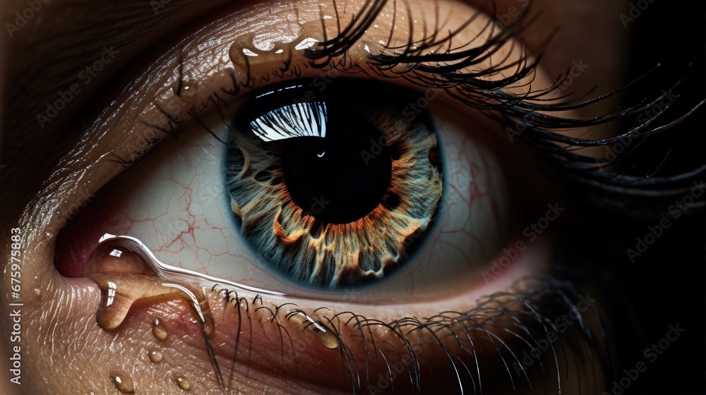 Distress and suffering with a human eye crying a single tear drop with a screaming facial ...