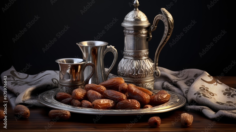 Silver Arabic Coffee Pot Healthy Ramadan Snack Dates Coffee Beans Pre ...