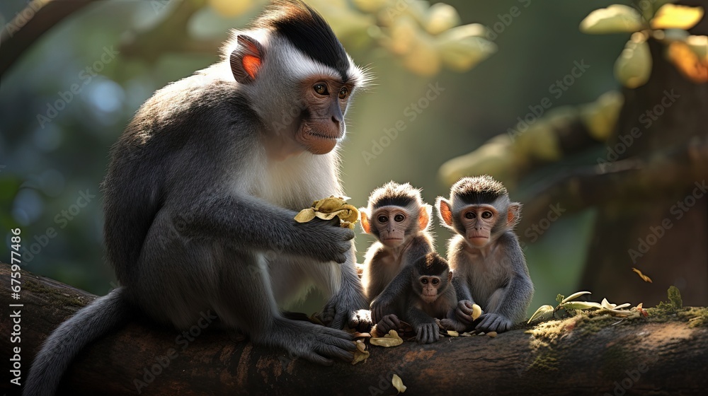 Fruit feeding family. Campbell's mona monkey or Campbell's guenon ...