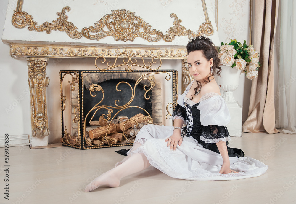 Young beautiful sensual smiling woman in rococo style medieval dress ...