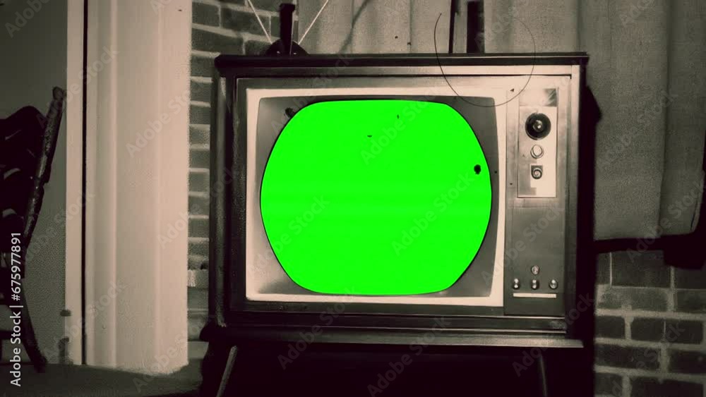 Retro Television Green Screen Zoom In Vintage TV Inside Old House. Old ...