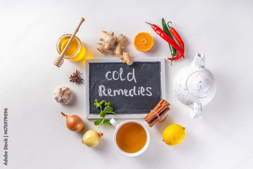 Traditional cold and flu remedy ingredients on white background. Set of ...