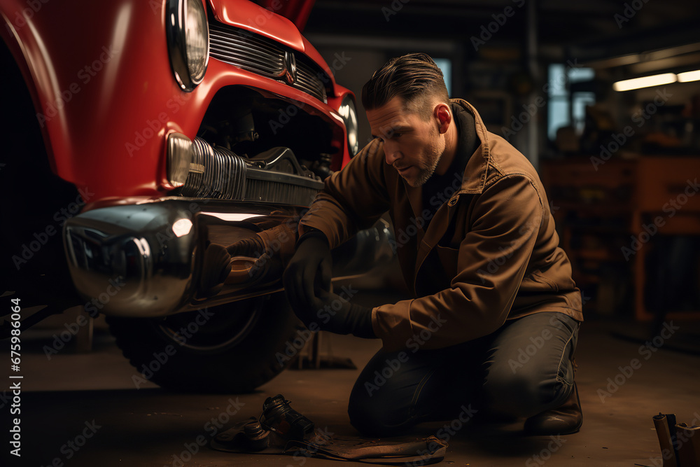 A car mechanic working under the hood of a classic car, transforming it ...