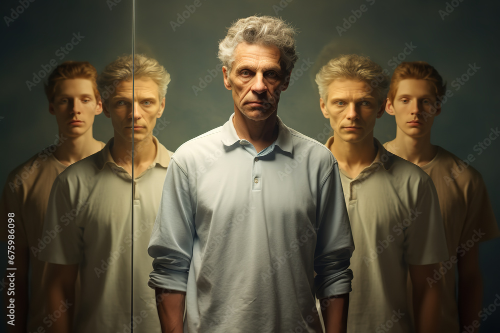 A person looking into a mirror, their reflection showing them at ...