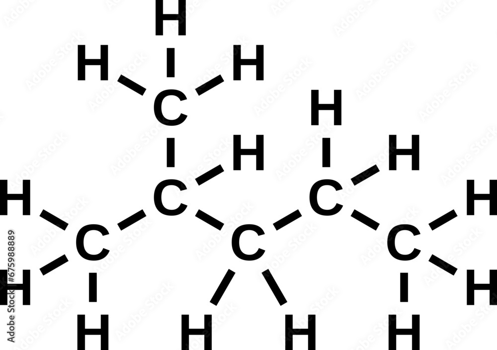 Isohexane structural chemical formula. 2-methylpentane, hexane isomer ...