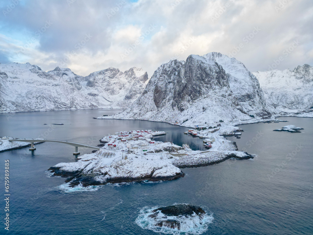 Aerial view of Lofoten island Norway. The winter season of sunrise ...