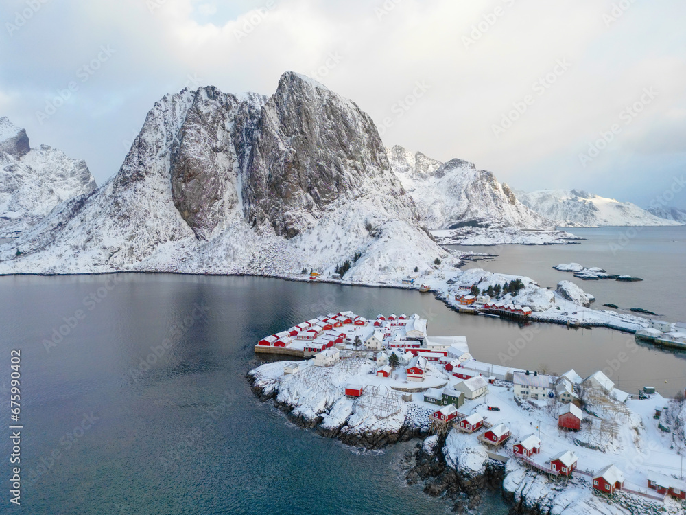 Aerial view of Lofoten island Norway. The winter season of sunrise ...