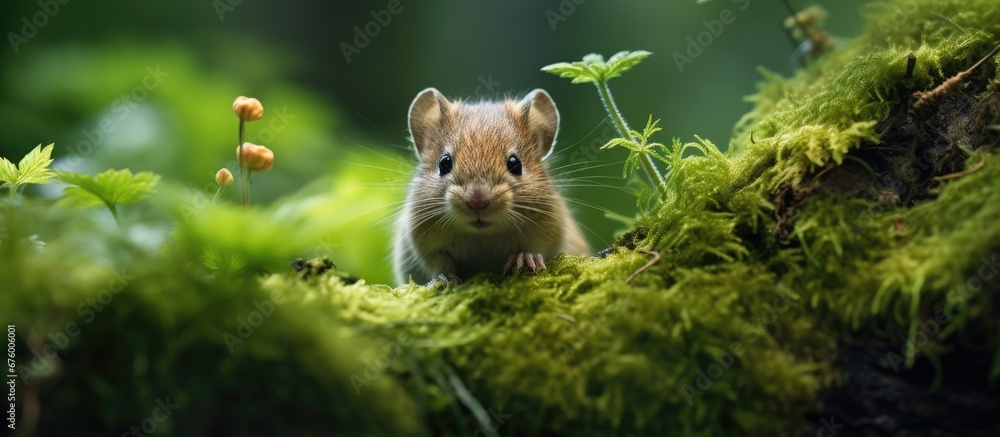 In the beautiful green forest a cute little rodent with furry fur poses ...