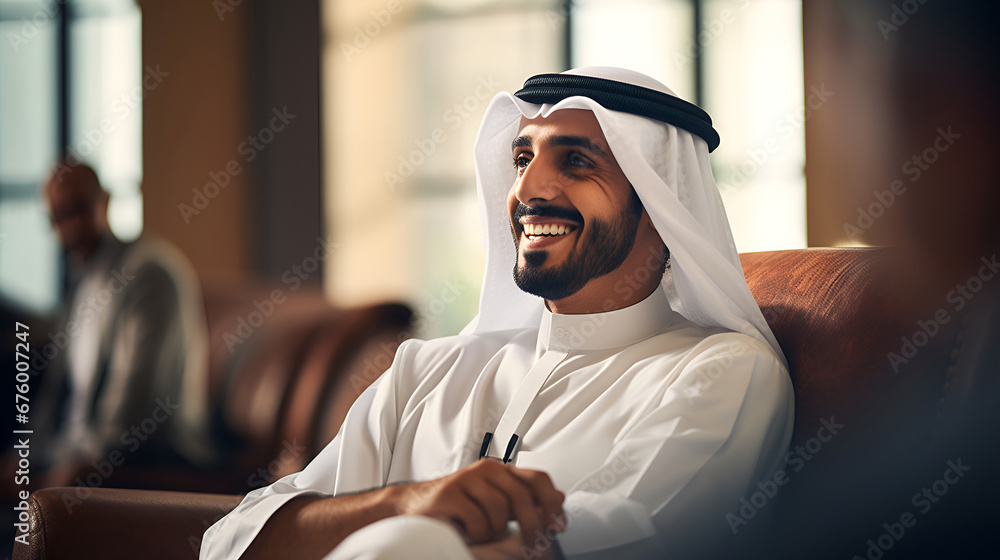 Saudi Arabian businessman at a traditional business meeting in the UAE ...