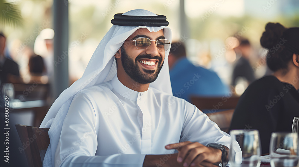 Saudi Arabian businessman at a traditional business meeting in the UAE ...