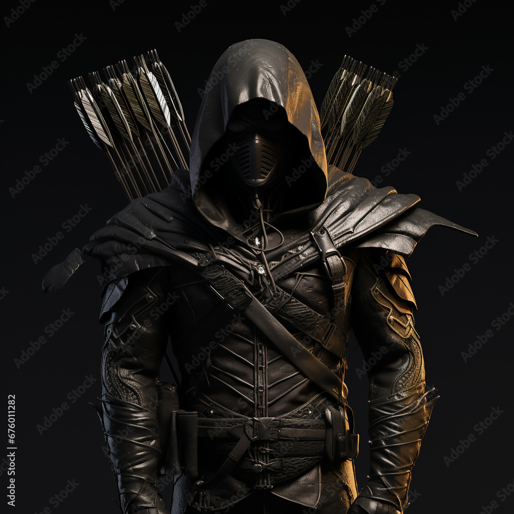 Male archer in Gothic style, wearing black leather clothes in a hood ...
