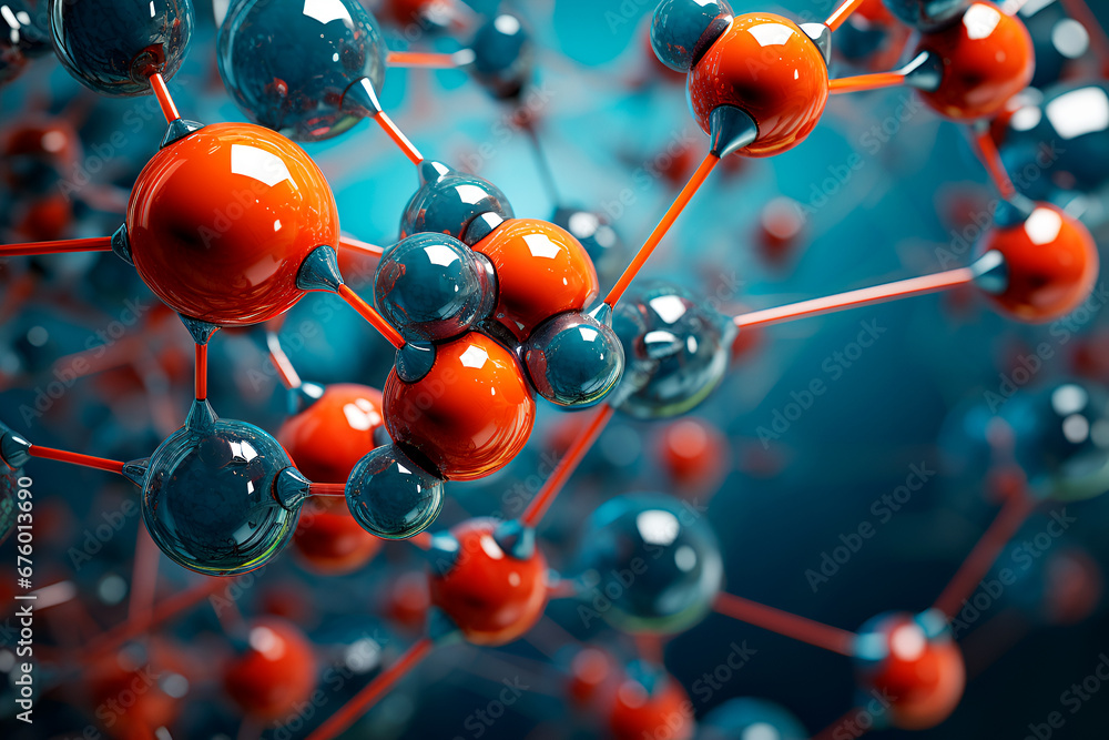 Abstract microbiological background with red and blue molecules in ...