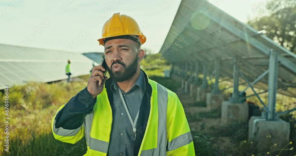 Solar panel, maintenance call and construction worker with renewable ...