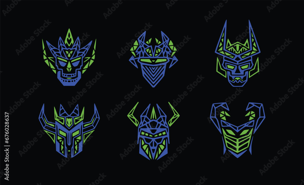 Vector drawing of devil knight helmets with horns. Icons of evil ...