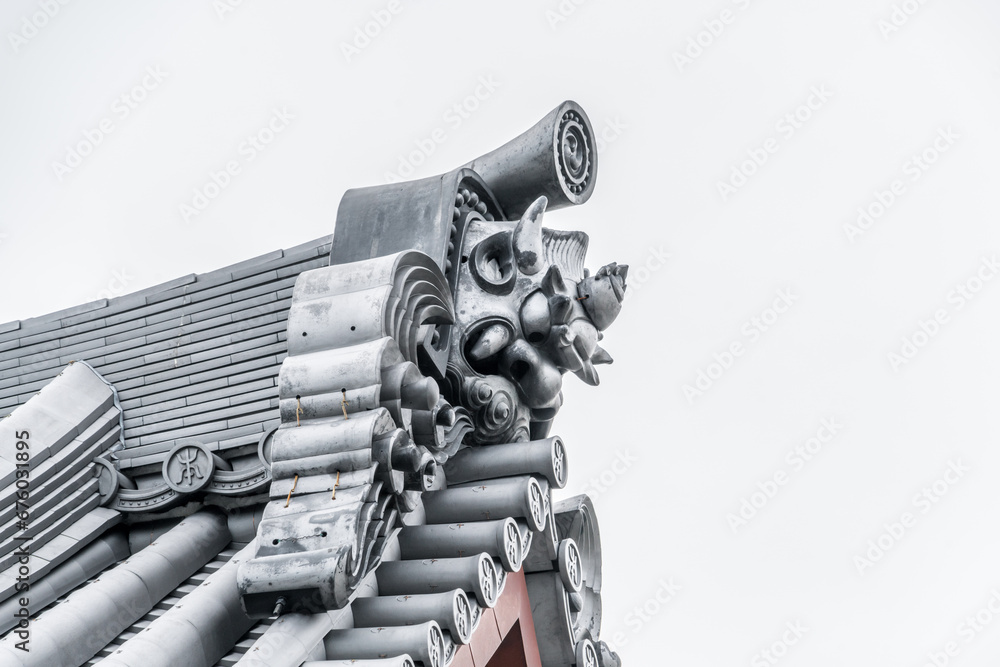 Onigawara (Goblin Ogre tile) Roof ornament at Hongaku-ji Temple ...