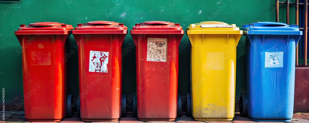 Recycling color bins in row - garbage collecting concept. Stock Photo ...