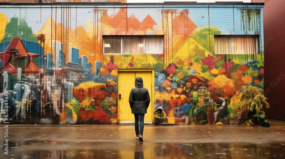 Vibrant urban street scene with a colorful mural in an alleyway. Hyper ...