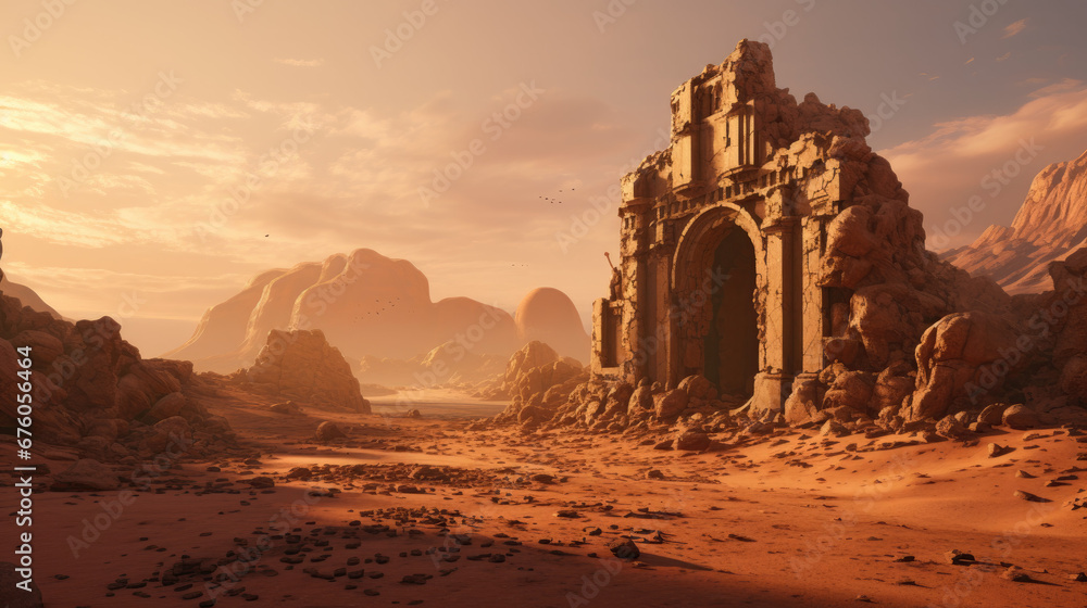 Enchanted Desert Ruins In Warm Sand. Fantastical Desert Ruins Wallpaper ...