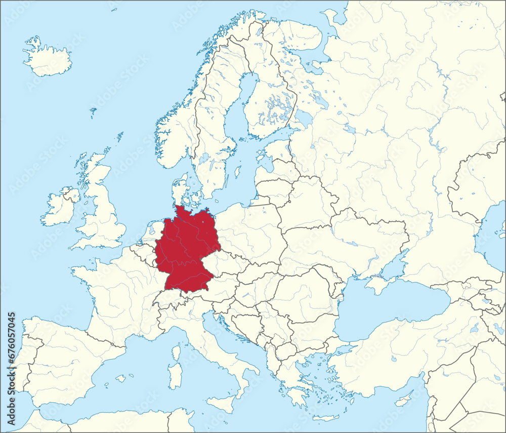 Red CMYK national map of GERMANY inside detailed beige blank political ...
