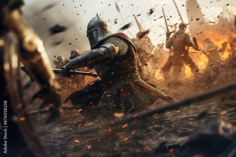 A dynamic image capturing a group of men engaged in an intense sword ...