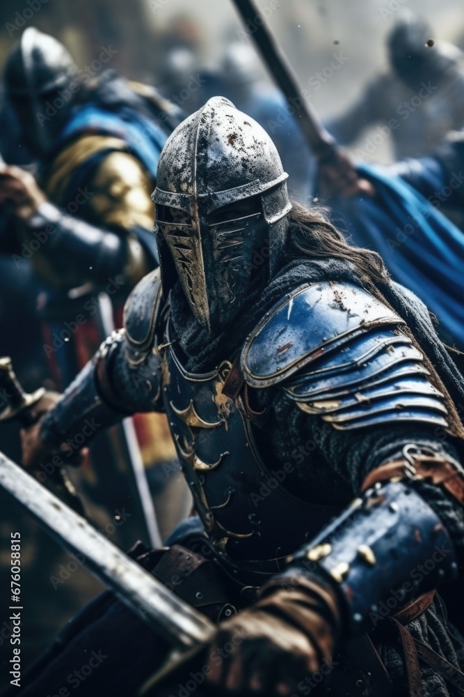 A group of men dressed in armor, each holding a sword. This image can be used to depict medieval ...