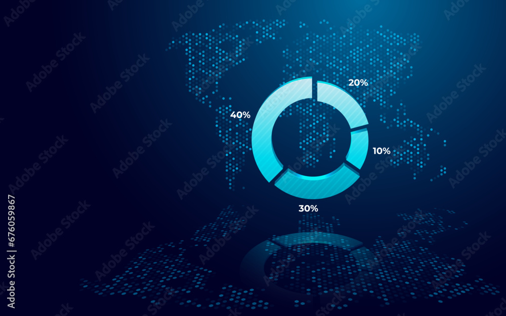 Light blue pie graph chart. Circle diagram on dark background with ...