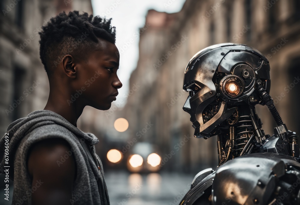Black skinned young man versus full metal angry cyborg robot looking at ...