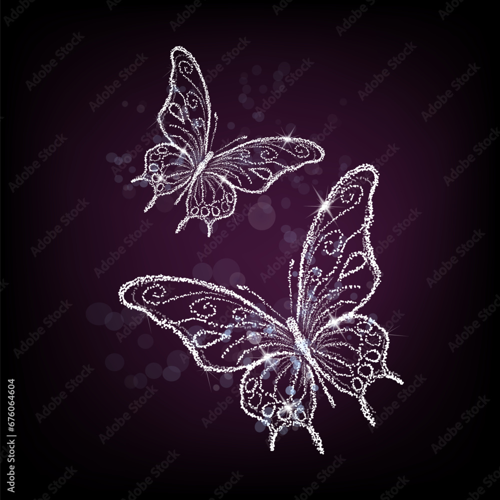 Sparkling butterflies on a purple background. hand drawing. Not AI ...
