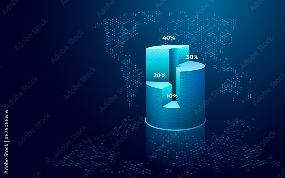 3D Pie chart with infographic elements. Light blue circle diagram on ...
