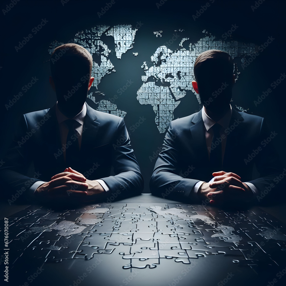 concept of worldwide geopolitics. mysterious people building new world ...