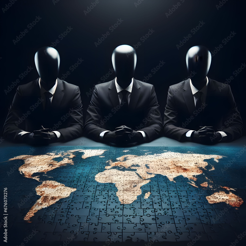 concept of worldwide geopolitics. mysterious people building new world ...