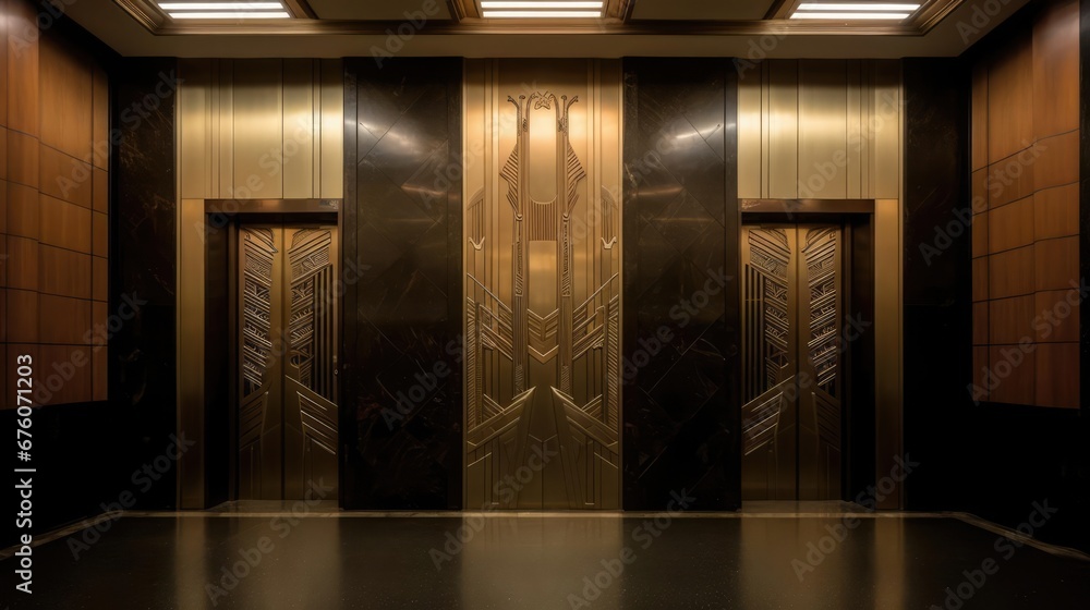 Art Deco interior design lobby elevators dark Stock Photo | Adobe Stock