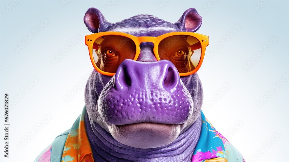 Stylish hippo wearing a pair of trendy sunglasses. Digital art. Colored ...