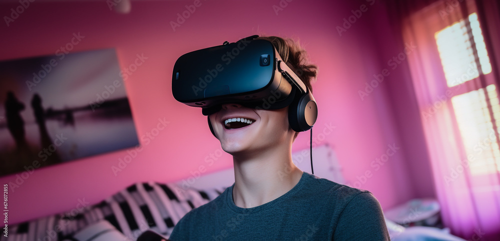 Gen Alpha Teenager Playing Videogame with VR Headsets. Gen Alpha ...